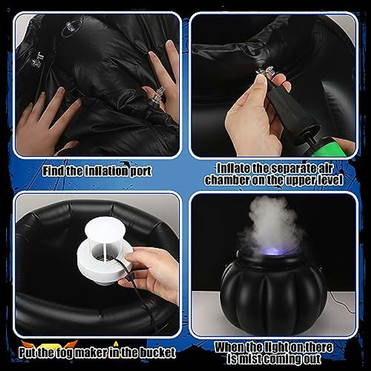 Jenaai 22" Inflatable Halloween Black Cauldron Pot with LED Mister Fogger Maker Changing Light Witches Cauldron Candy Bucket Beverage Bowl for Party Trick or Treat Halloween Decor