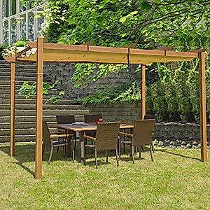 Domi Outdoor Living 9’ x 13’ Outdoor Retractable Pergola Against The Wall with Weather-Resistant Canopy Aluminum Garden Pergola Patio Grill Gazebo for Courtyard(Teak Coated)