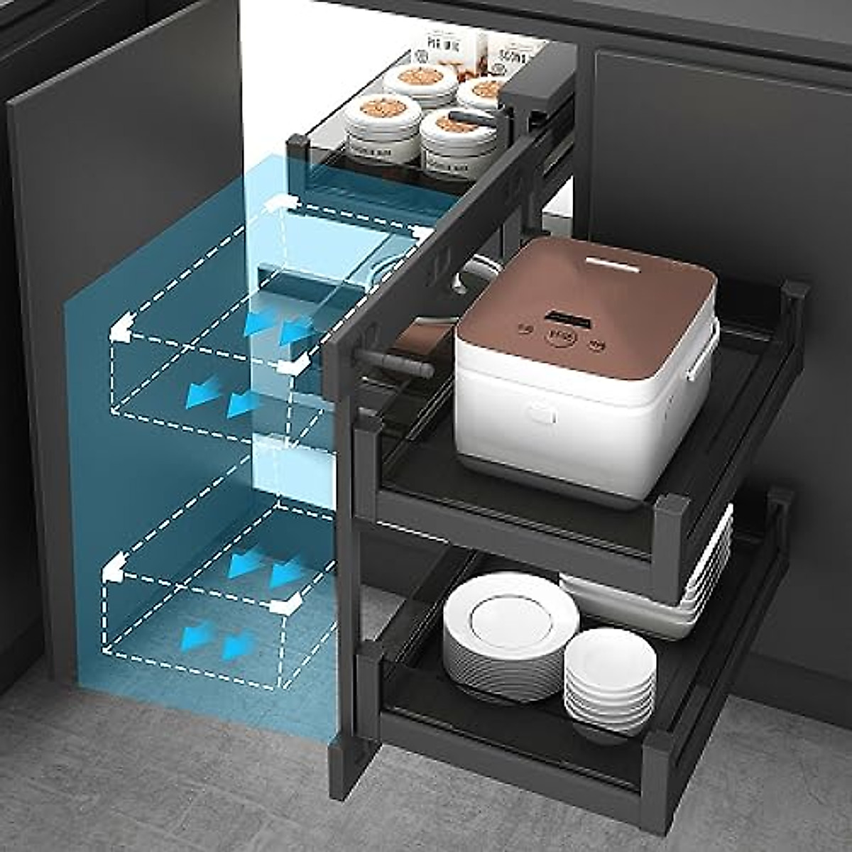AHDFY 2 Tier Dish Rack, Full Open Kitchen Aid Dish Rack, Blind Corner Cabinet Pull Out Seasoning Dish Basket for Cabinet Pantry Kitchen Cupboard