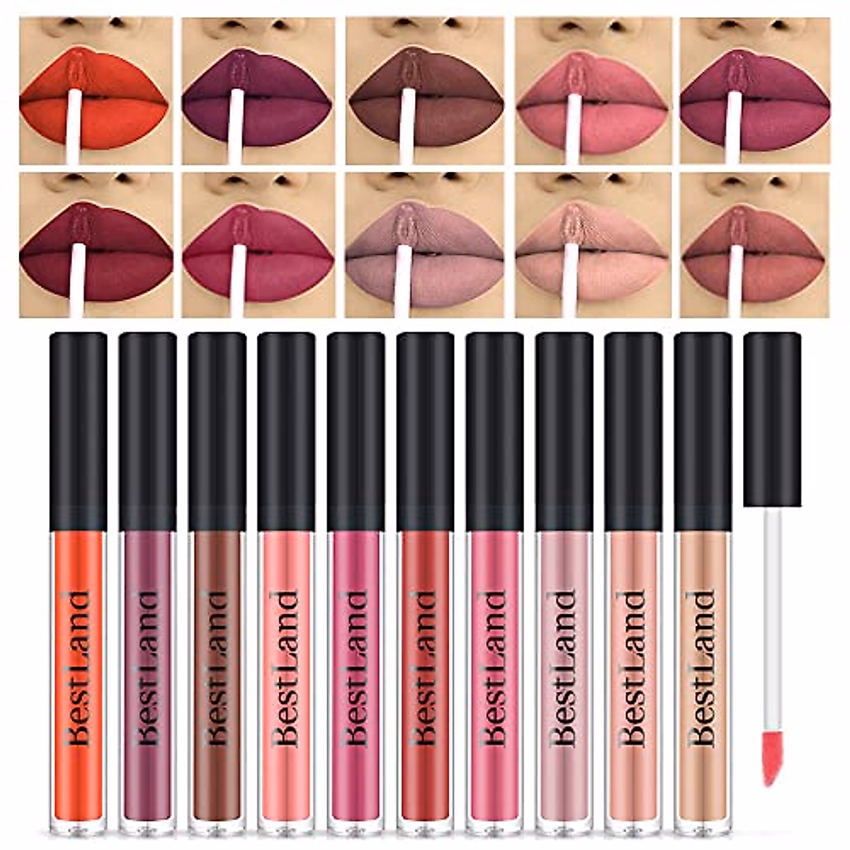 BestLand 10pcs/Set Matte Lipstick Lip Kit, Velvety Liquid Lipstick Waterproof Long Lasting Durable Nude Lip Gloss Beauty Cosmetics Gift Box Makeup Set Kit (10 Piece Set)