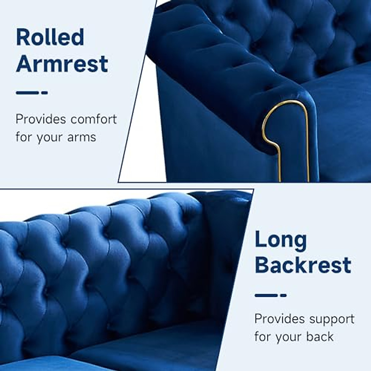 NIOIIKIT 84.65” Chesterfield Velvet Sofa, Button Tufted Upholstered Couch with Scroll Arms, 3 Seater Long Couch for Living Room, Bedroom, Office, Apartment (Chesterfield, Blue)