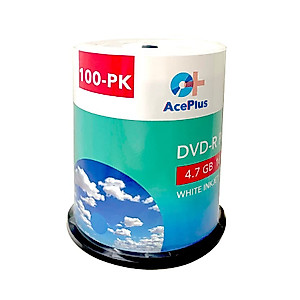 AcePlus 100 White Inkjet Printable DVD-R Recordable Discs with 16x Recording Speed and 4.7 GB of Data (100-pk Cakebox)