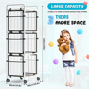 Lmaqfum Stuffed Animal Storage 63" Tall Corner Stuffed Animal Zoo ABS Holder Plushies Storage Organizer Shelf with Elastic Band Side Storage Pockets Bottom Wheels for Birthday Gift Nursery Playroom