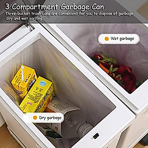 Kitchen Trash Can 16 gallon Recycle Bin,Triple Compartment Garbage Can,60L large capacity Trash Bins with Wheels,Plastic Waste Bin Sorting Garbage Container for Office Living Room,Grey,16 Gallon/60L