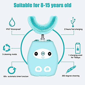 Ziliny Kids U Shaped Electric Toothbrush, Kids Automatic Timer Tooth Brush, Ultrasonic Automatic Toothbrushes with 3 Cleaning Modes, Waterproof Auto Toothbrush for Children Toddler (Age 3-7, Blue)