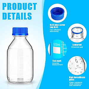 Irenare 8 Pieces Media Storage Bottles Borosilicate Storage Glass Bottle Scientific Round Graduated Media Bottle with Blue GL45 Screw Cap for Lab Water Reagent Liquids (500 ml)