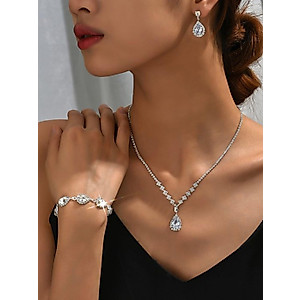 Unicra Bride Crystal Necklace Earrings Bracelet Set Bridal Wedding Jewelry Sets Rhinestone Prom Costume Jewelry Set for Women and Brides (D-3 Pack Gold Necklace Bracelet Earrings)