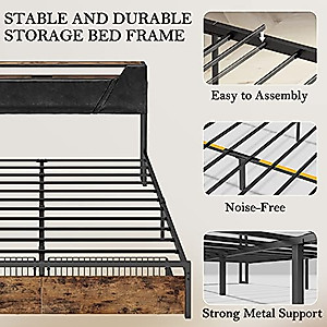 IRONCK Queen Bed Frame with Drawers, Ergonomic Storage Headboard with Charging Station, LED Light, Solid and Stable, No Box Spring Needed