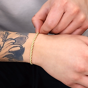 Nuragold 14k Yellow Gold 3mm Rope Chain Diamond Cut Bracelet or Anklet, Mens Womens Jewelry 7" 7.5" 8" 8.5" 9"