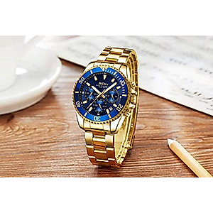BIDEN Mens Watches Chronograph Gold Blue Stainless Steel Waterproof Date Analog Quartz Watch Business Casual Fashion Wrist Watches for Men