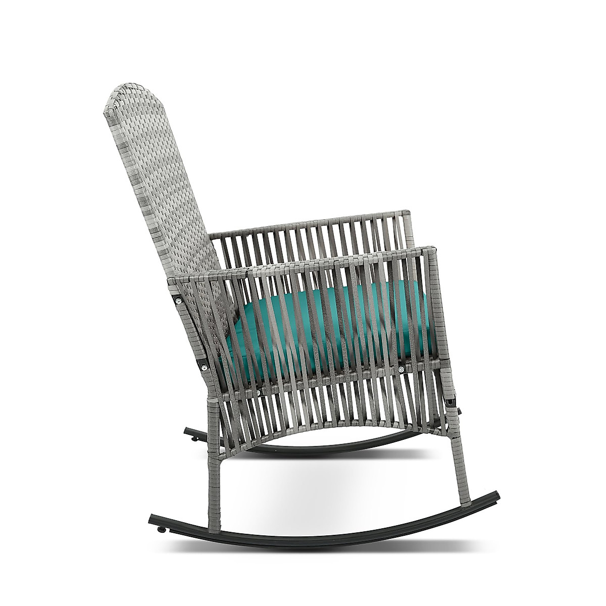 CIRMUBUY 3 Piece Patio Conversation Set, Outdoor Rocking Chairs Set of 2, Wicker Furniture Set with Glass Top Coffee Table and Cushions for Porch Garden Backyard Lawn (Grey Rattan, Blue Cushion)