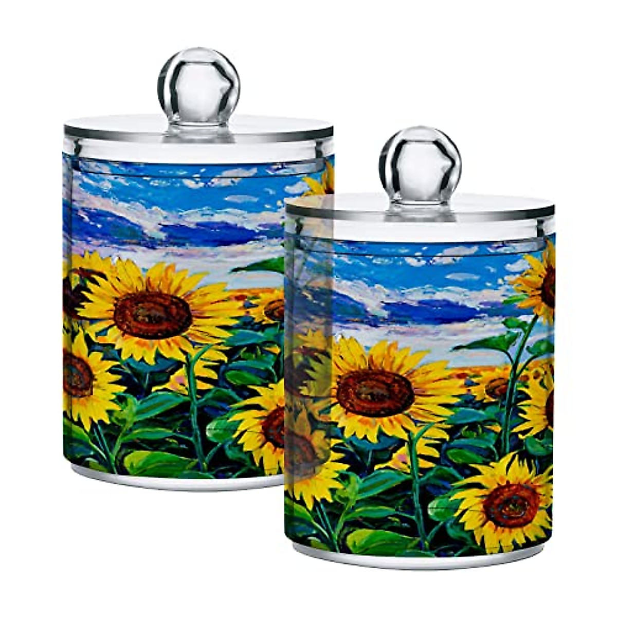 Sunflowers Fields Qtip Dispenser Apothecary Jars Spring Summer Floral Autumn Yellow Flowers Bathroom Qtip Holder Storage Canister Plastic Jar 10 Oz for Cotton Ball Swab Round Pads Floss 2pcs