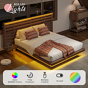 YUMPIE Farmhouse Queen Floating Bed Frame with Nightstands, Platform Bed with LED Light & Type-C & USB Charging Station, No Box Spring Needed/Noise Free, Taupe