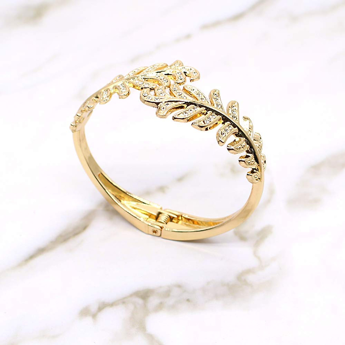Sparkly Rhinestone Leaf Hinge Bangle Bridal Wedding Statement Bracelet Crystal Adjustable Cuff Bracelets Gold Platinum Tone Women Lover Gifts