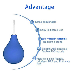 GNEGKLEAN Black Silicone Enema Bulb Kit 7.6oz Clean Anal Douche for Men Women with 19.7in Hose+4 Replaceable Nozzle (Blue)