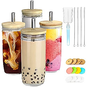 Glass Cups Set（ 4 Pack） - 24oz Mason Jar with Lid and Straw Reusable Iced Coffee Cup Wide Mouth Bubble Cups, Smoothie Bobo Cup w 12 Airtight Lids Brush, Travel Glass Drinking Bottle, Juice