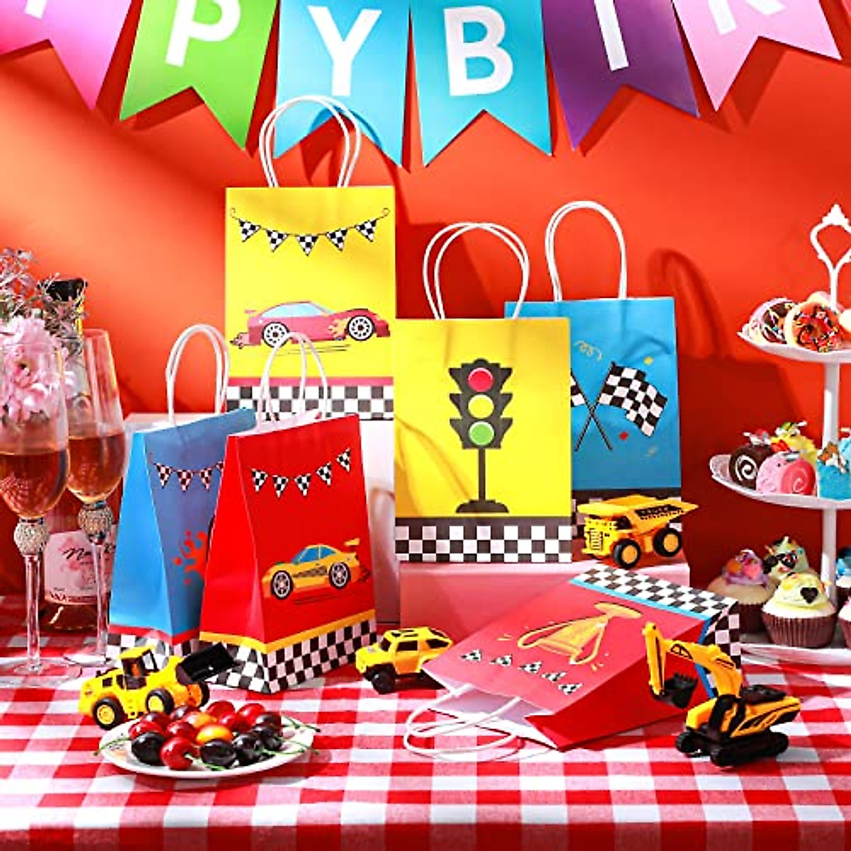 24 Pieces Race Car Party Bags Race Car Party Supplies Goodie Gift Bags Treat Bags with Handles for Checkered Flag Birthday Race Car Theme Party Decorations Boy Gifts