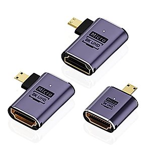 AreMe 8K Micro HDMI to HDMI Adapter (3 Pack), 90 Degree Left and Right Angle Micro HDMI Male to HDMI Female Cable for Sony A6000, Raspberry Pi 4, GoPro Hero 7 and Other Sport Camera