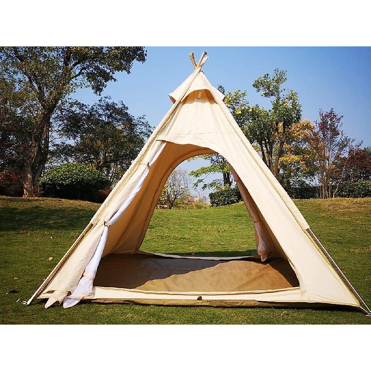 7’x7’x6.5’Outdoor Cotton Canvas 2-3 Person 3 Seasons Bell Teepee Tent with Double Door Spire Tent Pyramid Tents for Family Camping