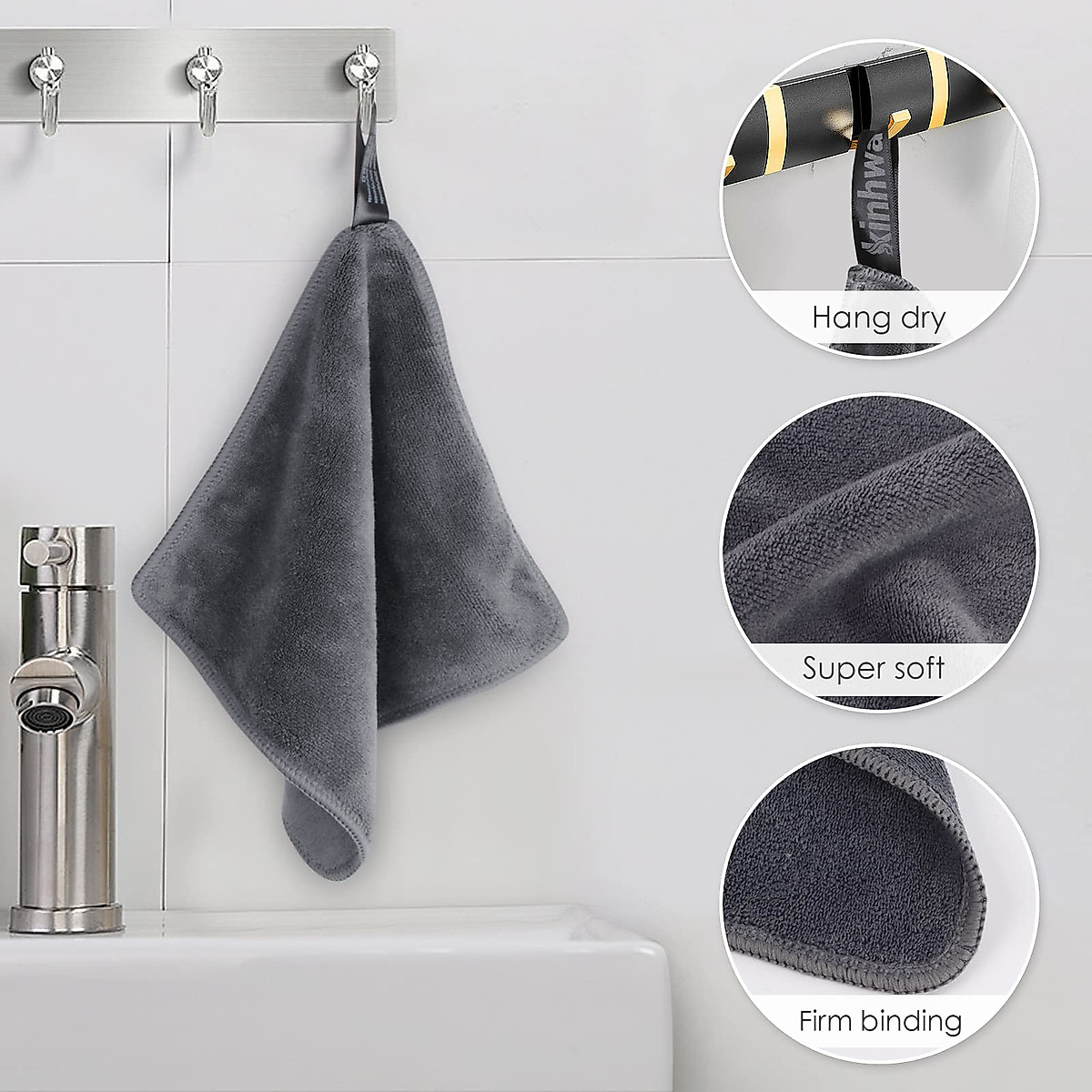 KinHwa Reusable Face Cloths Soft Makeup Remover Cloth Microfiber Washcloths Facial Cleaning for Women (8inch x 8inch 6Pack, 3GERY+3WHITE)