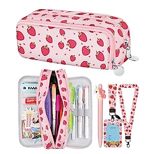 Bistup Pencil Case Pouch Pen Bag for School Cute Kawaii Girls Girly Cartoon Strawberry Teen Girls Zipper Pencil Pouches Large Stationary Bags 3 compartments with Lanyard+ID Badge Holder+Pen+Sticker