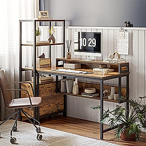 CubiCubi Computer Desk 55 inch with Storage Shelves, Home Office Desk with Hutch, Study Writing Work Table, Modern Simple Style, Brown