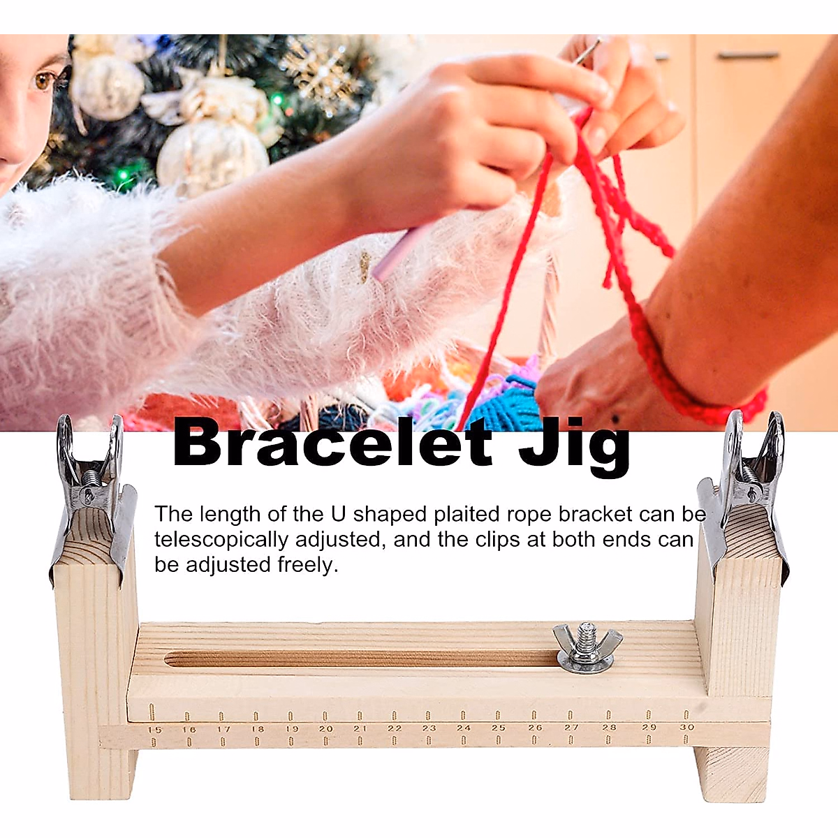 DENZIQ Wooden Bracelet Maker, Wooden Bracelet Jig Maker with 2 Clips, Adjustable Paracord Jig Bracelet Maker U Shape Wooden Frame Bracelet Jig Kit DIY Wristband Rope Knot Braided Fixing Tools