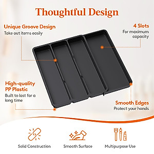 Lifewit Utensil Drawer Organizer, Expendable Cooking Silverware Tray for Kitchen Drawer, Adjustable Cutlery Flatware Holder, Plastic Spatula Tools and Gadgets Storage Divider, 4 Compartments, Black