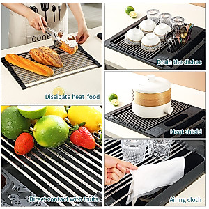 Berglander Gold Dish Drying Rack Over The Sink, L17.5*W 15" Rollable Tianium Golden Plating Stainless Steel Dish Rack with Removable Storage Basket, Perfect for Kitchen Sink