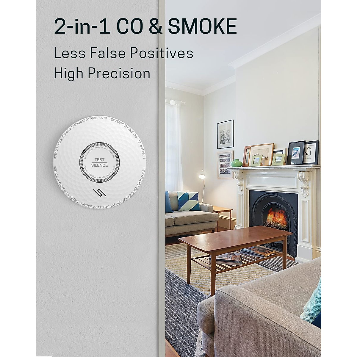 Ecoey 10-Year Smoke and Carbon Monoxide Detector, Dual Sensor Smoke CO Alarm with Built-in Battery and Silence Function,FJ183-A,4 Packs