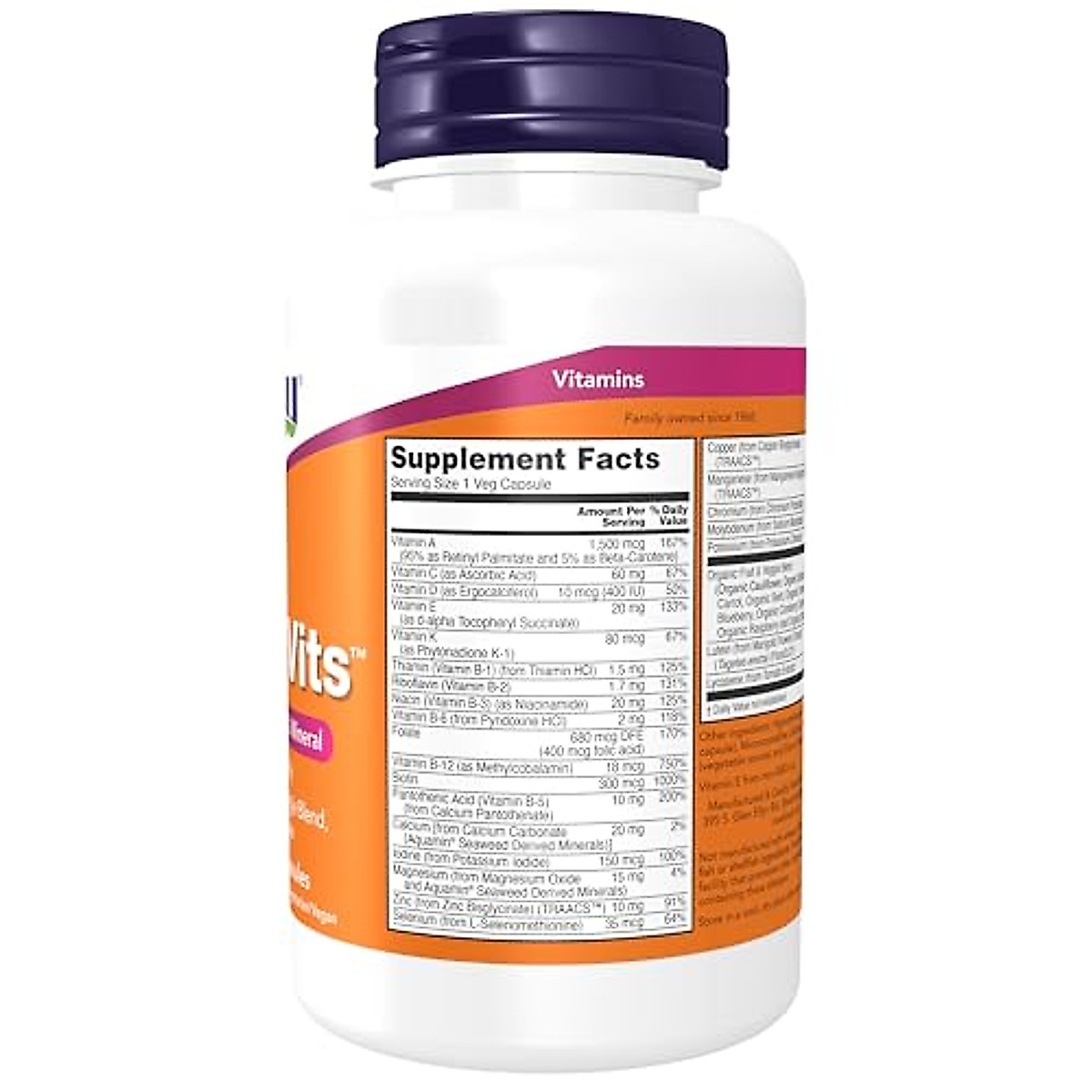 NOW Foods Supplements, Daily Vits™ with Fruit & Veggie Blend, Lutein and Lycopene, 120 Veg Capsules