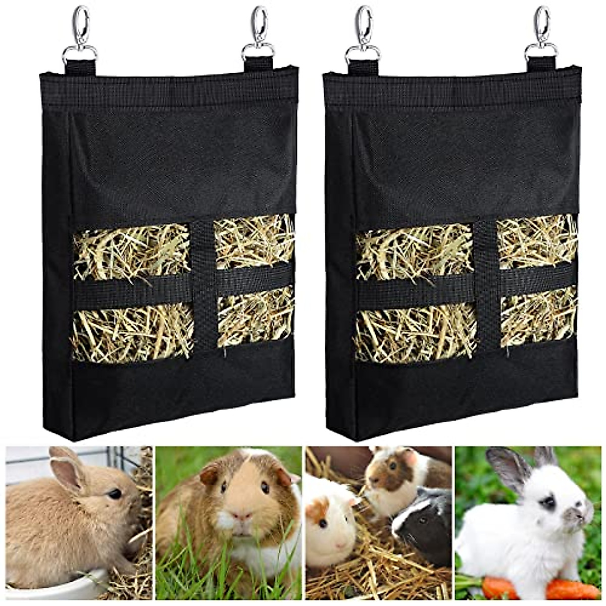 2 Pieces Guinea Pig Hay Bag Rabbit Feeding Bag Small Animal Hay Feeder Bag Hanging Feeder Sack for Rabbit Guinea Pig Chinchilla Hamsters Small Animals Hay Storage (Black)