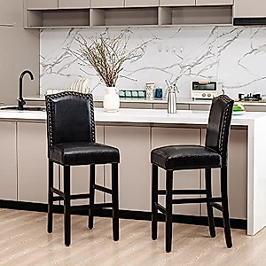 glitzhome Bar Stools Set of 2, 45" H Black Bonded Leather Armless Barchair with High-Back Studded Solid Rubberwood Legs for Kitchen Island Breakfast Chair for Dining Room, Party Room & Restaurant