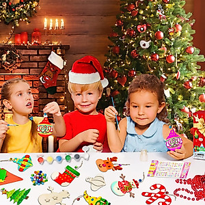 GuassLee Christmas Ornament Crafts for Kids - Make Your Own Ornament Kit with Christmas Wooden Crafts with Piant Set, Gem Stickers, Poms and Bells, Ornament Making Kit for Kids Holiday Xmas Favors