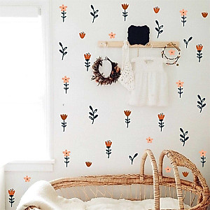 IKEYU Retro Boho Flower Wall Decals - Cute Green Leaf Wall Stickers for Nursery & Kids Bedroom, Retro Flower, IKEYU-31