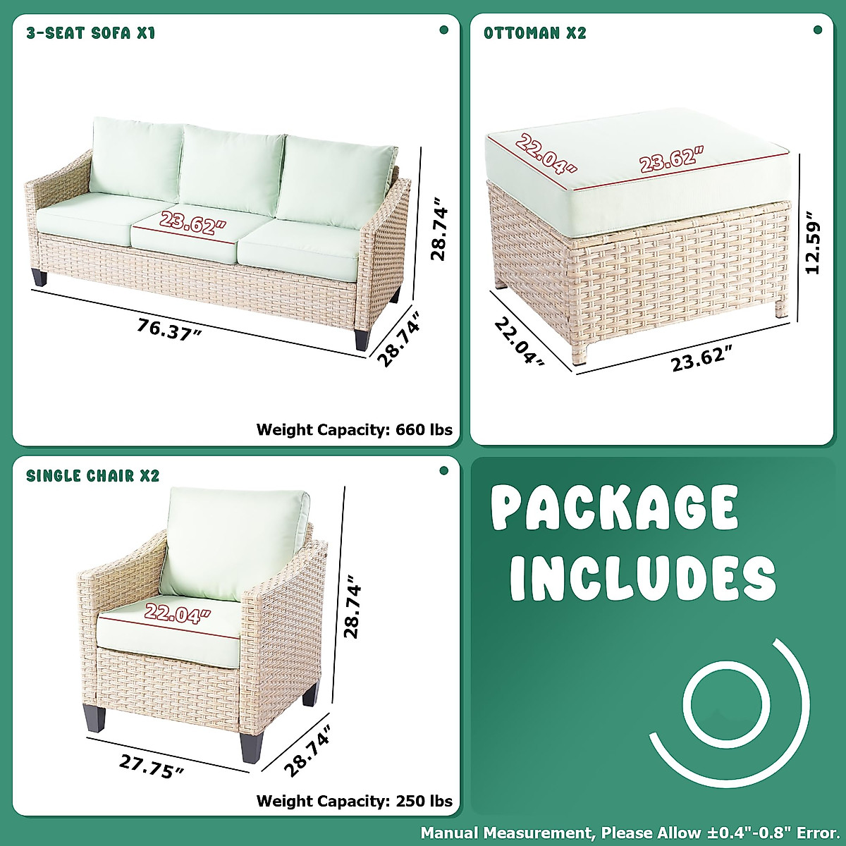 CAODOC 5 Pcs Patio Conversation Set for 7 Seats, Rattan Wicker Outdoor Patio Furniture Set, 2 x Single Chair, 2 x Ottoman, 3-Seat Sofa for Lawn Garden Backyard(Green)