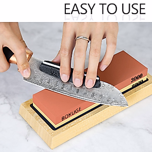 Knife Sharpening Stone, BOKUGE Professional Whetstone Knife Sharpener, 4 Side Grit 400/1000 3000/8000, Complete Knife Sharpening Kit with Non-Slip Bamboo Base, Honing Guide, Polishing Combination