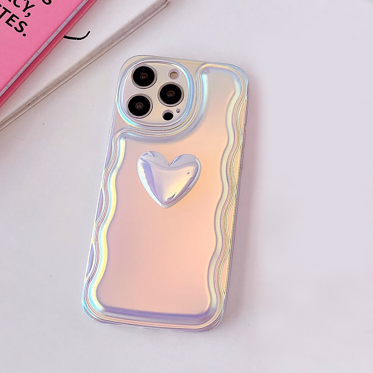 Qokey for iPhone 14 Pro Max Case 6.7 inch,Cute 3D Love Heart Wave Frame Soft TPU Sparkle Bling Laser Colorful Light Glitter Phone Case for iPhone 14 Pro Max for Women Girls Purple