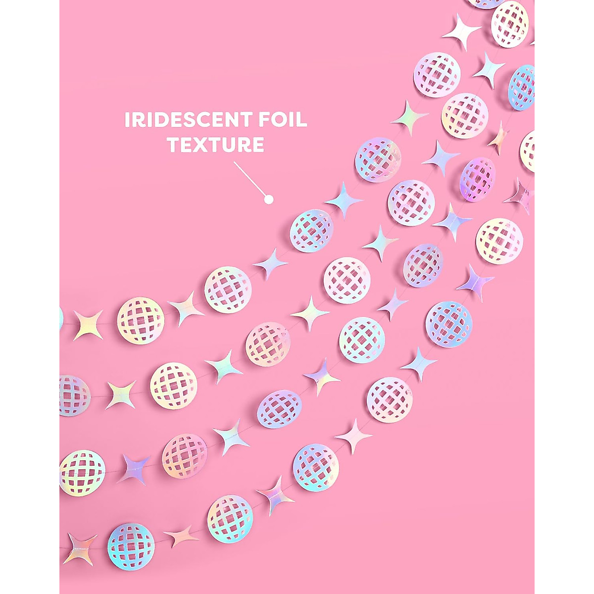 xo, Fetti Iridescent Disco + Sparkle Hanging Garland - 4 pcs, 12' | Last Disco Bachelorette, Groovy Birthday Party Decorations, Cute Retro Photo Backdrop, HBD, Photo Booth, Space Cowboy