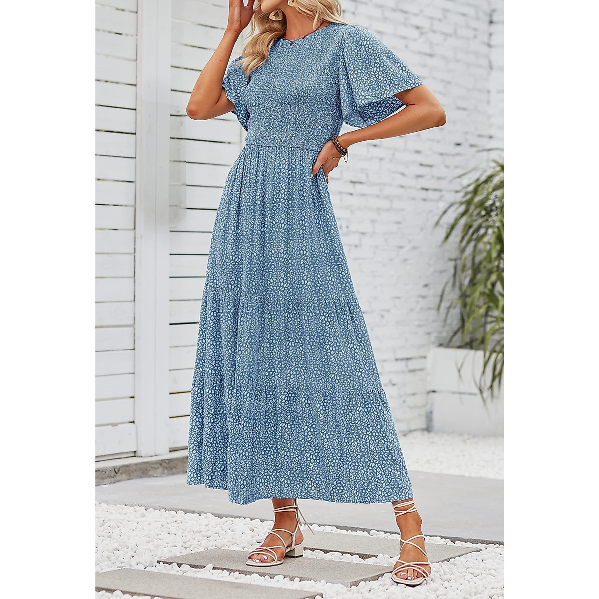 ZESICA Women's 2025 Summer Casual Floral Print Short Flutter Sleeve Crew Neck Smocked High Waist Flowy Maxi Dress,Blue,Large