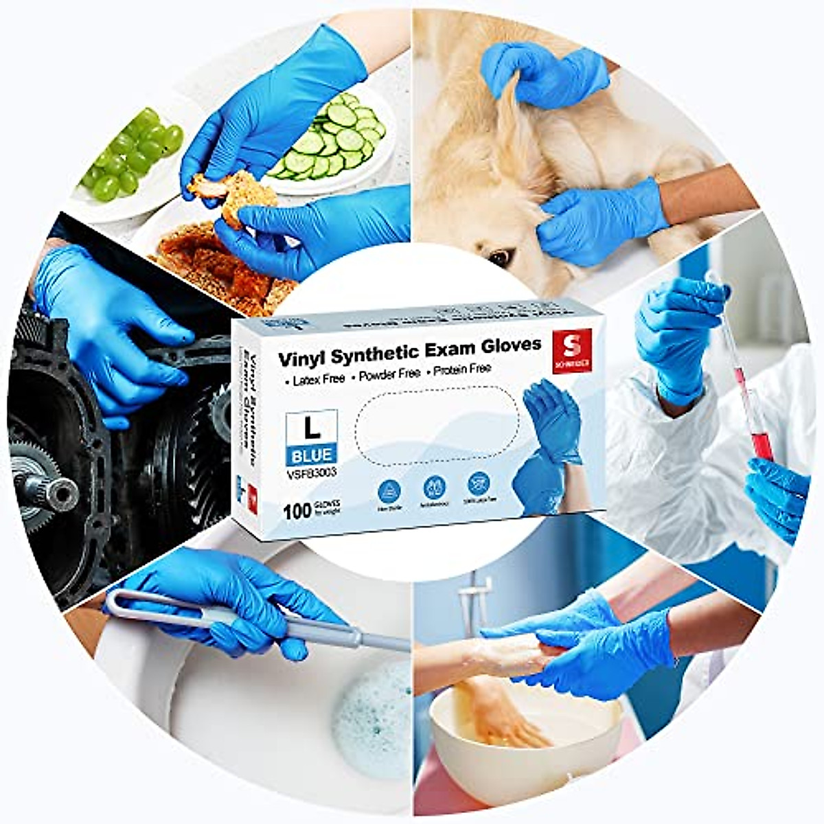 Schneider Vinyl Synthetic Exam Gloves, Blue, 4mil,Disposable Latex/ Powder-Free, Medical / Cleaning Gloves, Food-Safe for Cooking & Food Prep, Non-Sterile, 100-ct Box (Medium)