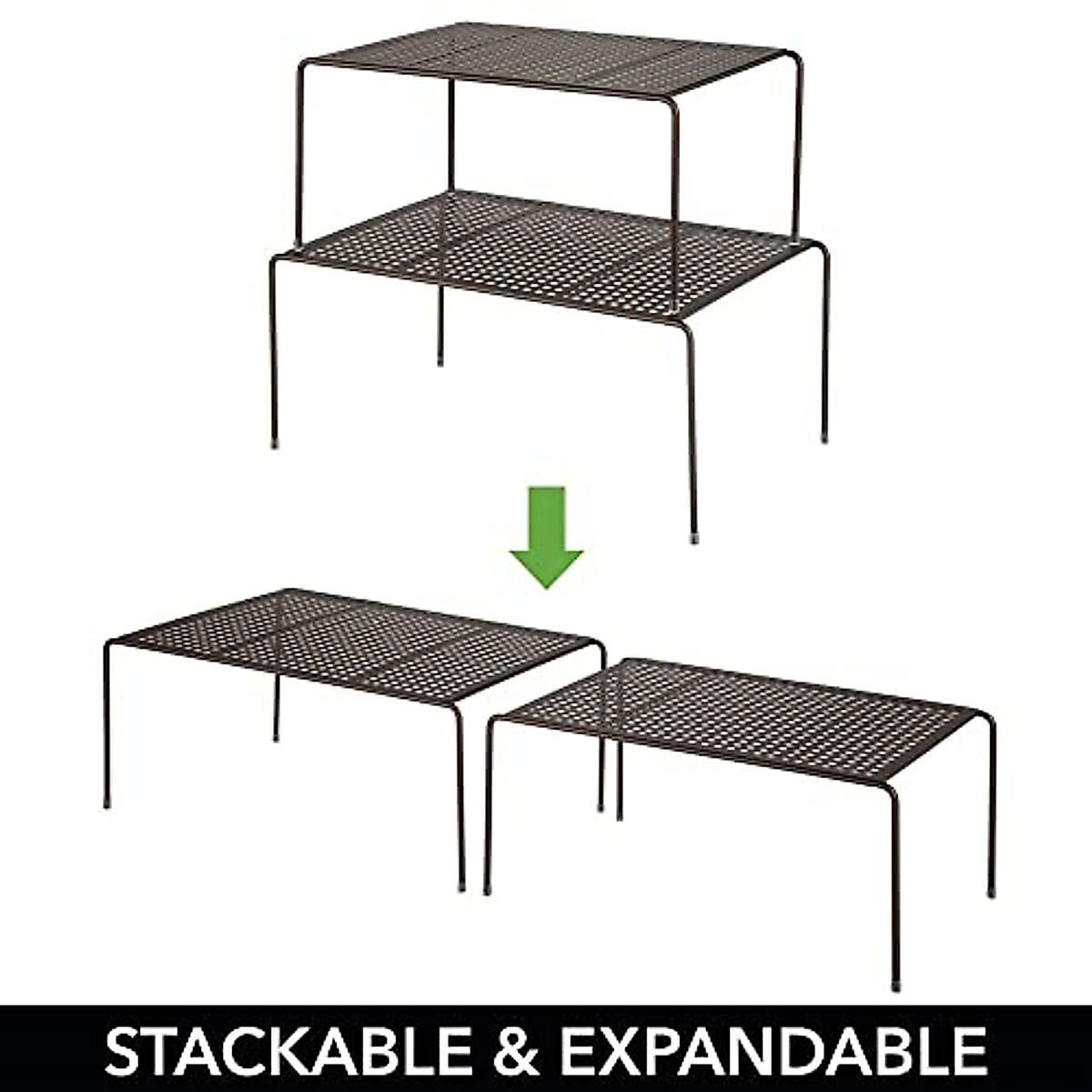 mDesign Adjustable Metal Kitchen Cabinet, Pantry, Countertop Organizer Storage Shelves: Expandable - 2 Piece Set - Durable Steel, Non-Skid Feet - Bronze