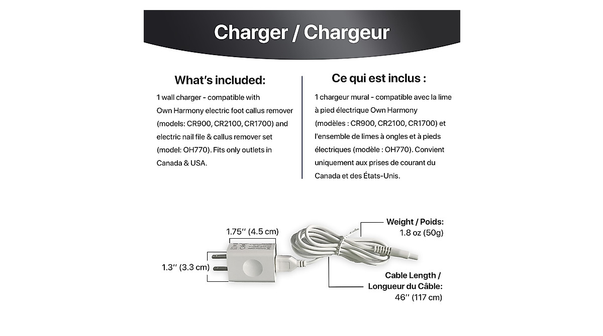 Own Harmony USB Charging Adapter for Callus Remover Models CR900, CR2100
