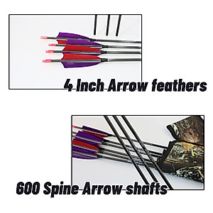 12PCS 600 Spine Pure Carbon Arrows with Real Turkey Feathers Removable 100 Grain Tips Plastic Nocks for Archery Target Hunting