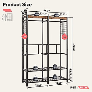 Bestier Metal Freestanding Wardrobe Storage Unit with Wooden Top Shelf & Built In Color Changing Lights w/7 Colors and 20 Dynamic Modes, Rustic Brown