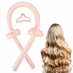 Gosuoa Women Heatless Curling Rod Rollers,No Heat Silk Curls Headband with Soft Foam, Curling Ribbon and Flexi Rods for Natural Long Medium Hair Diy Hair Styling Tools, Pink, 4 Piece Set