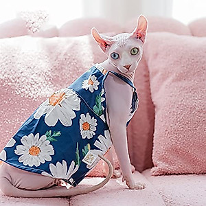 Sphynx Cat Summer Clothes for Cats Only Soft Cotton Vest Breathable Printing Kitten Shirts for Sphynx, Cornish Rex, Devon Rex, Peterbald (M (4.9-7.3lbs), Blue Floral)