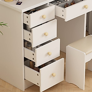 AGOTENI Makeup Vanity Set Dresser Desk with 5 Drawer and Shelf Round Mirror Dressing Table Vanity Set with Cushioned Stool for Bedroom, White