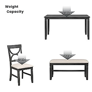 WOZNLA Room 6-Piece Farmhouse Dining Set | Rustic Wood Table with Cushioned Chairs, Bench, and Sturdy Base | Family-Friendly Kitchen Furniture | Comfortable Seating for Memorable Meals, Gray