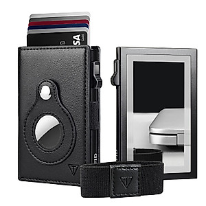 TOYFID Minimalist Mens Wallet - Pop Up Wallet Metal Card Holder Compatible with AirTag,Genuine Leather,RFID Blocking,ID Window,Slim Wallet with Money Band for Cash Credit Cards (Black)